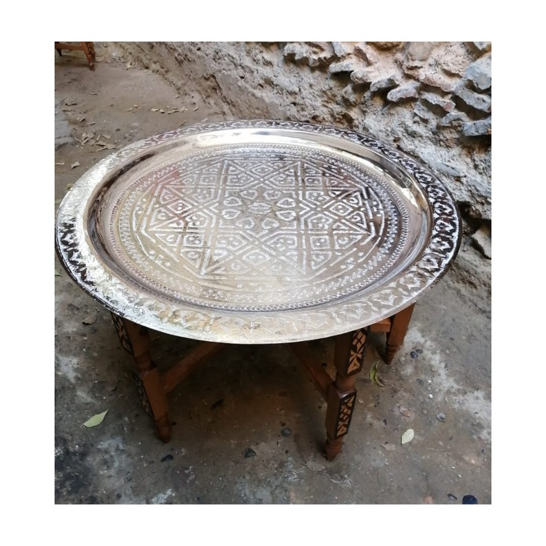 Moroccan End Table With Serving Tray, Round End Table, Wood Side Table ...