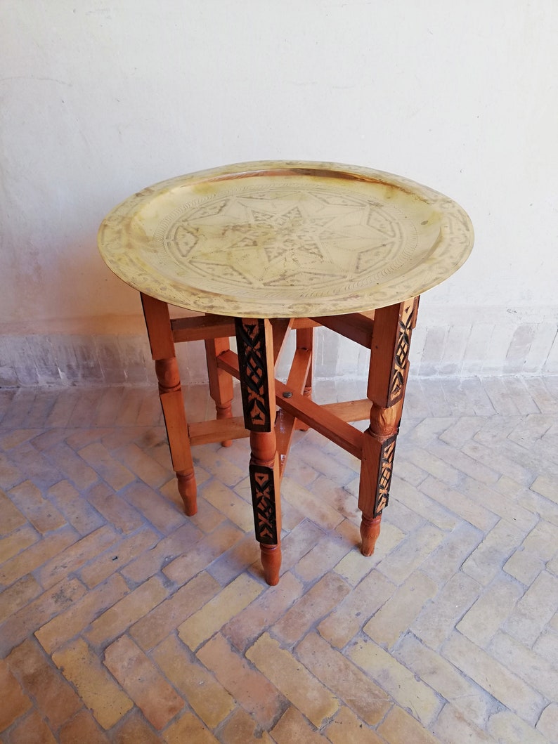 Moroccan End Table With Serving Tray Round End Table Wood - Etsy