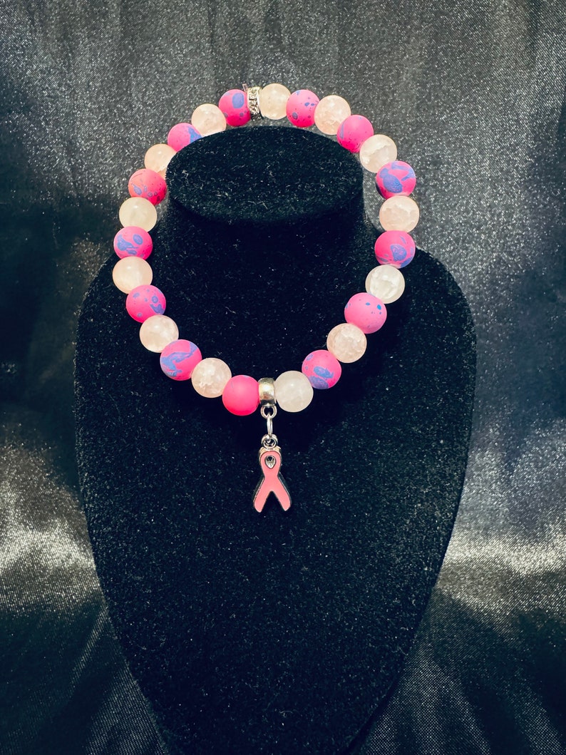 Handmade Pink Ribbon Breast Cancer Stretch Charm Bracelet - Etsy