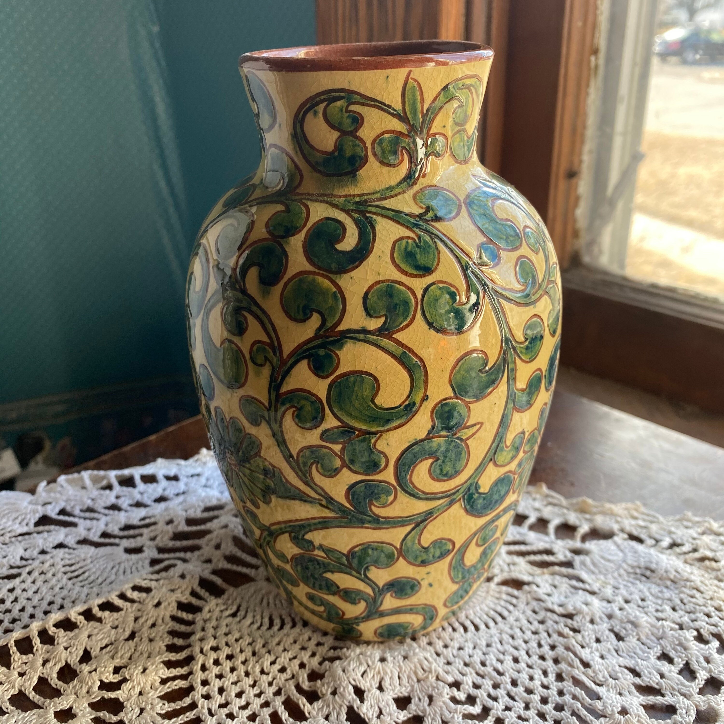 Hand Painted Pottery Floral Greenery Vase Green Yellow Home & Living ...