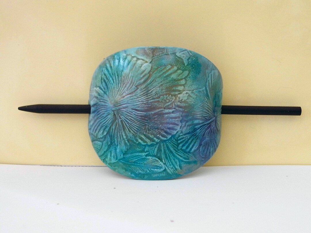 Handcrafted Blue/green Hibiscus Hair Stick Barrette - Large Barrette ...