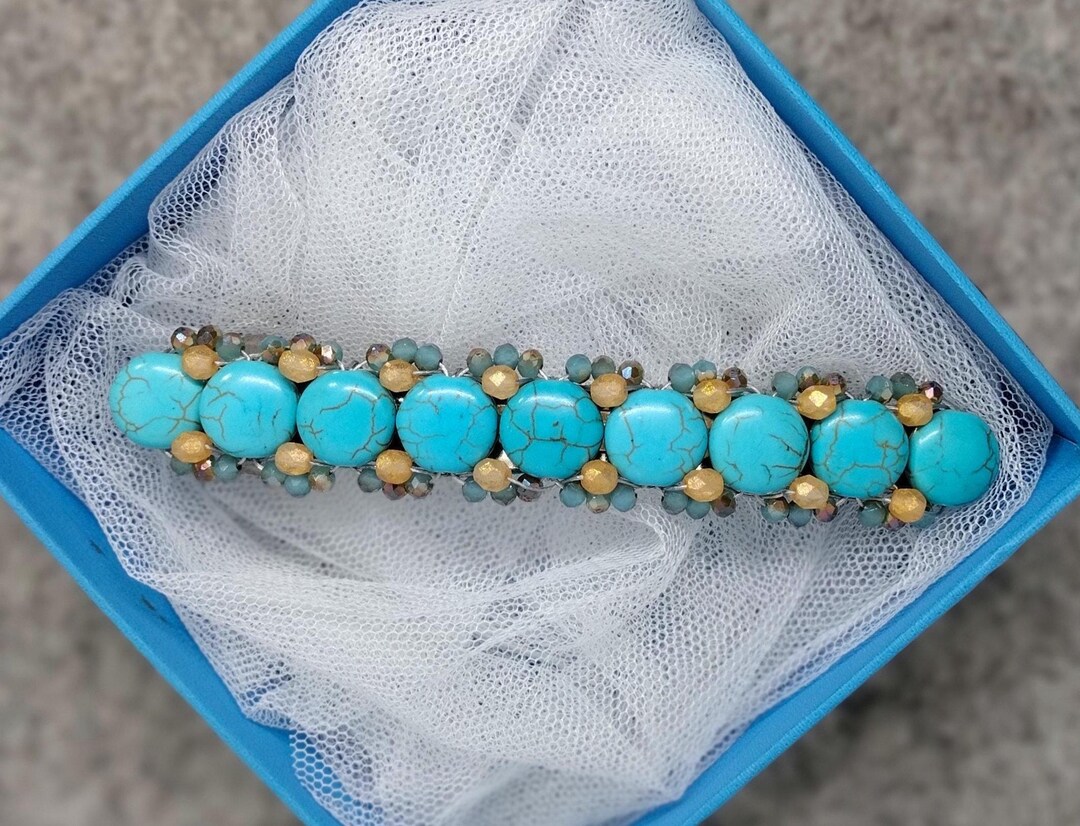 Round Turquoise Barrette With Gold Accents - Unique Hair Clip - Etsy