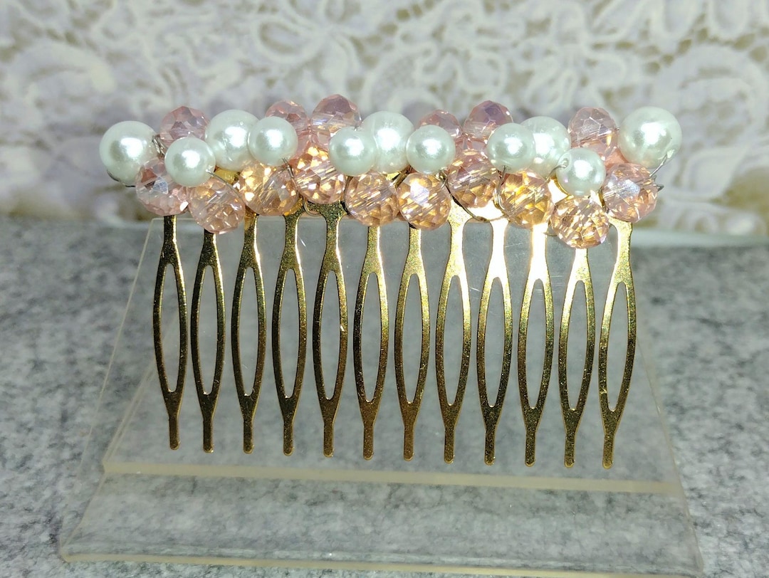 White Pearl and Pink Crystal Hair Comb - Elegant Wire Wrap Hair ...