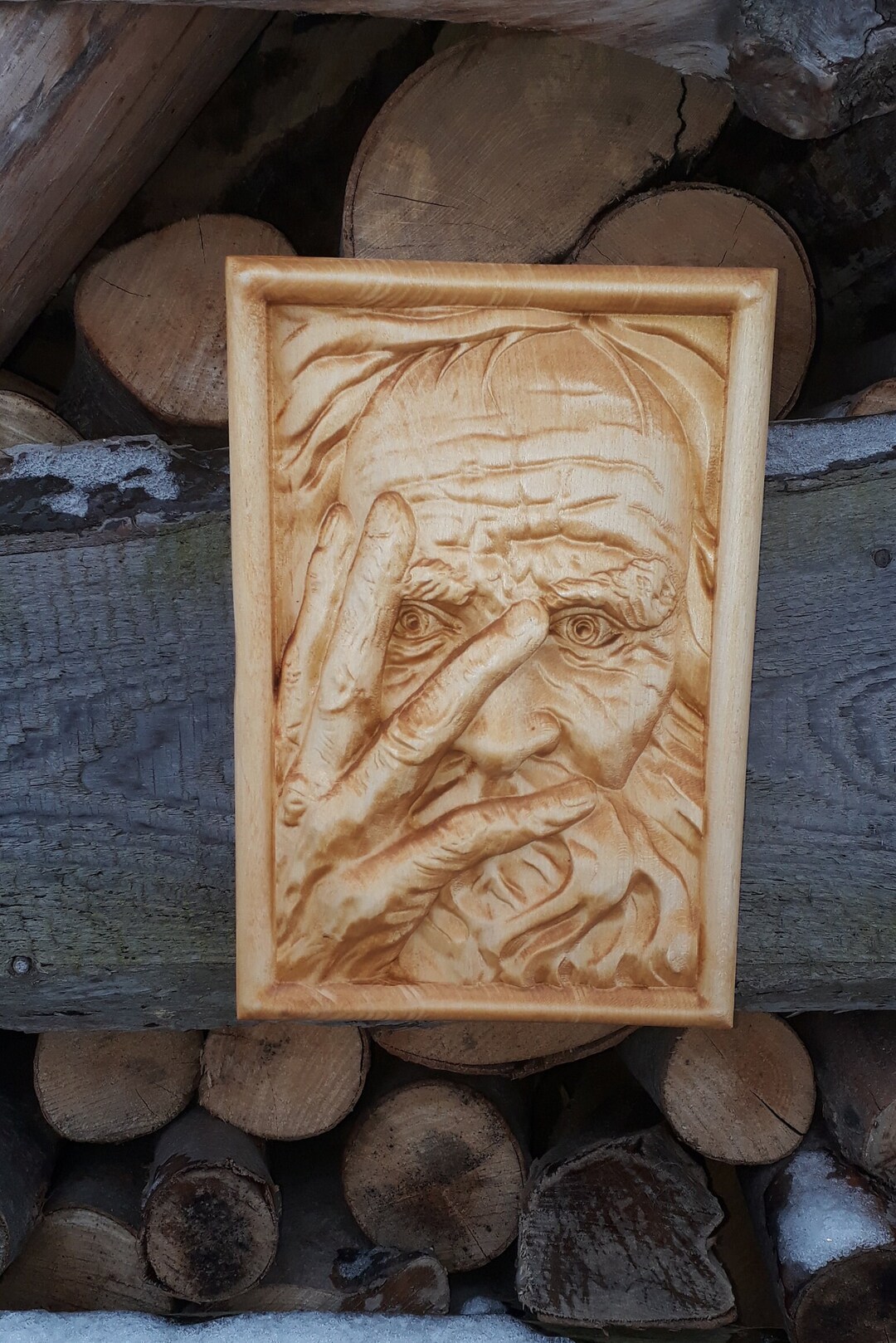 Wood Carved Old Man Face Plaque - Beech Wood Wall Decor - Etsy