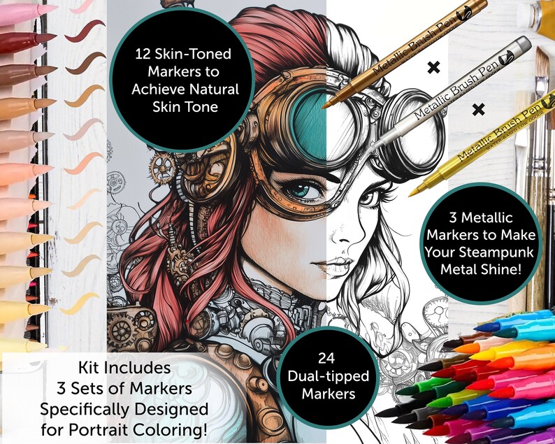 Steampunk Portrait Coloring Kit: Metallic & Skin Tone Markers - Etsy