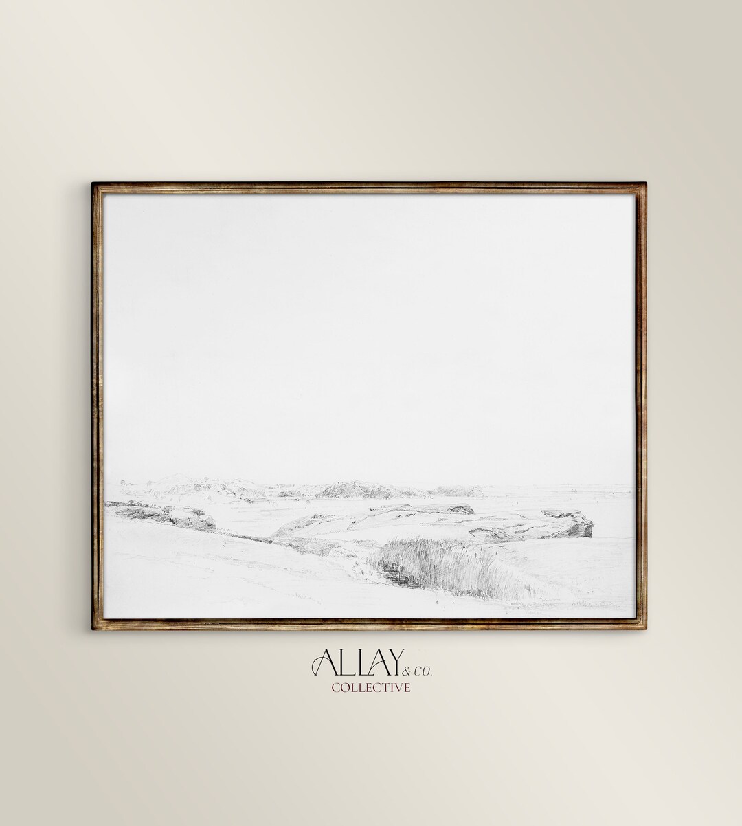 Vintage Beach Landscape Drawing Beach Sketch Drawing Digital Vintage ...
