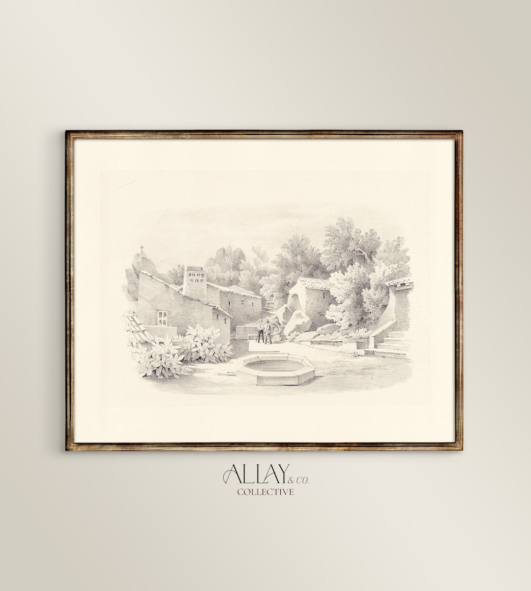Countryside Sketch Drawing Art | Vintage Courtyard Landscape Drawing ...