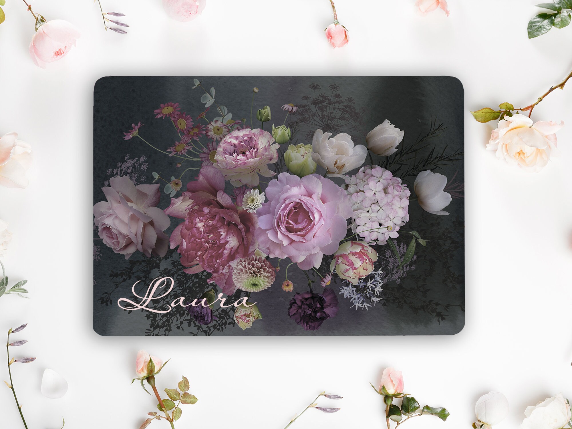 Watercolor Floral Peony Flower Laptop Skin Dark Rose Laptop Vinyl Wrap ...