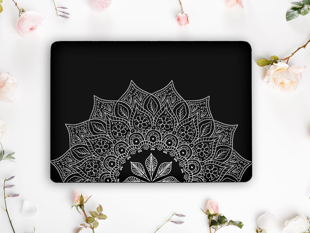 Black Laptop Skin With Metallic Silver Half Mandala, Boho Notebook ...