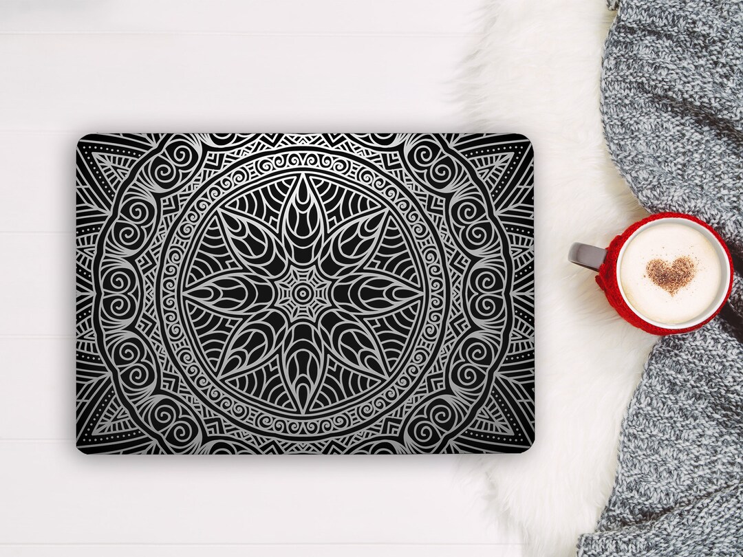 Silver Metallic Mandala Black Laptop Skin, Morocco Boho Notebook Decal ...