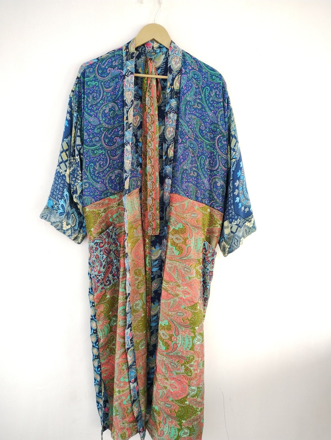 Traditional Indian Patchwork Silk Kimono Robe for Women, Duster Jacket ...