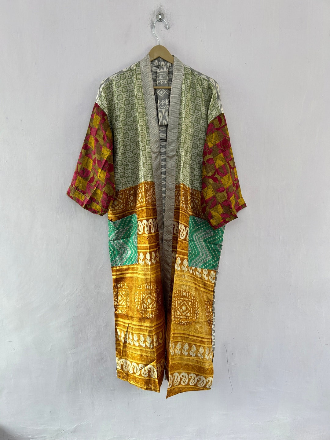 Traditional Indian Patchwork Silk Kimono Robe for Women, Duster Jacket ...