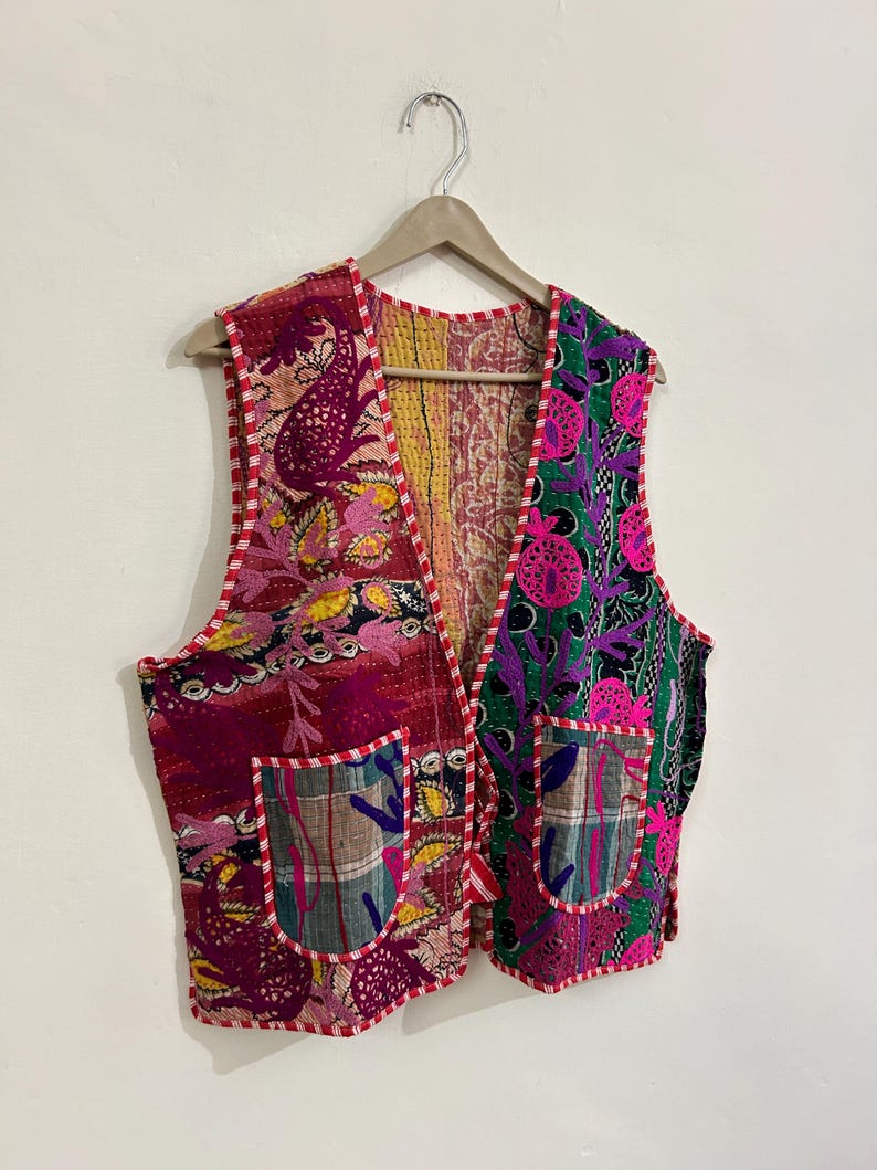 Vintage Kantha With Suzani V- Neck Unisex Waistcoat Gilet, Handmade ...