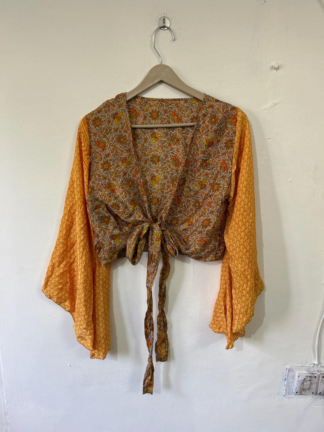 Indian Vintage Silk Tie Top, Wrap Top, Women Bell Sleeve Front Tie ...