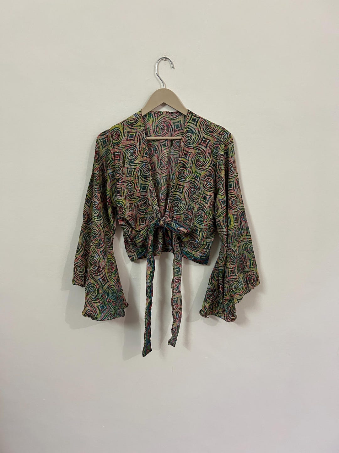 Eco Bell Sleeve Smoky Top Vintage Style Bell Sleeves Silk Wrap Top ...