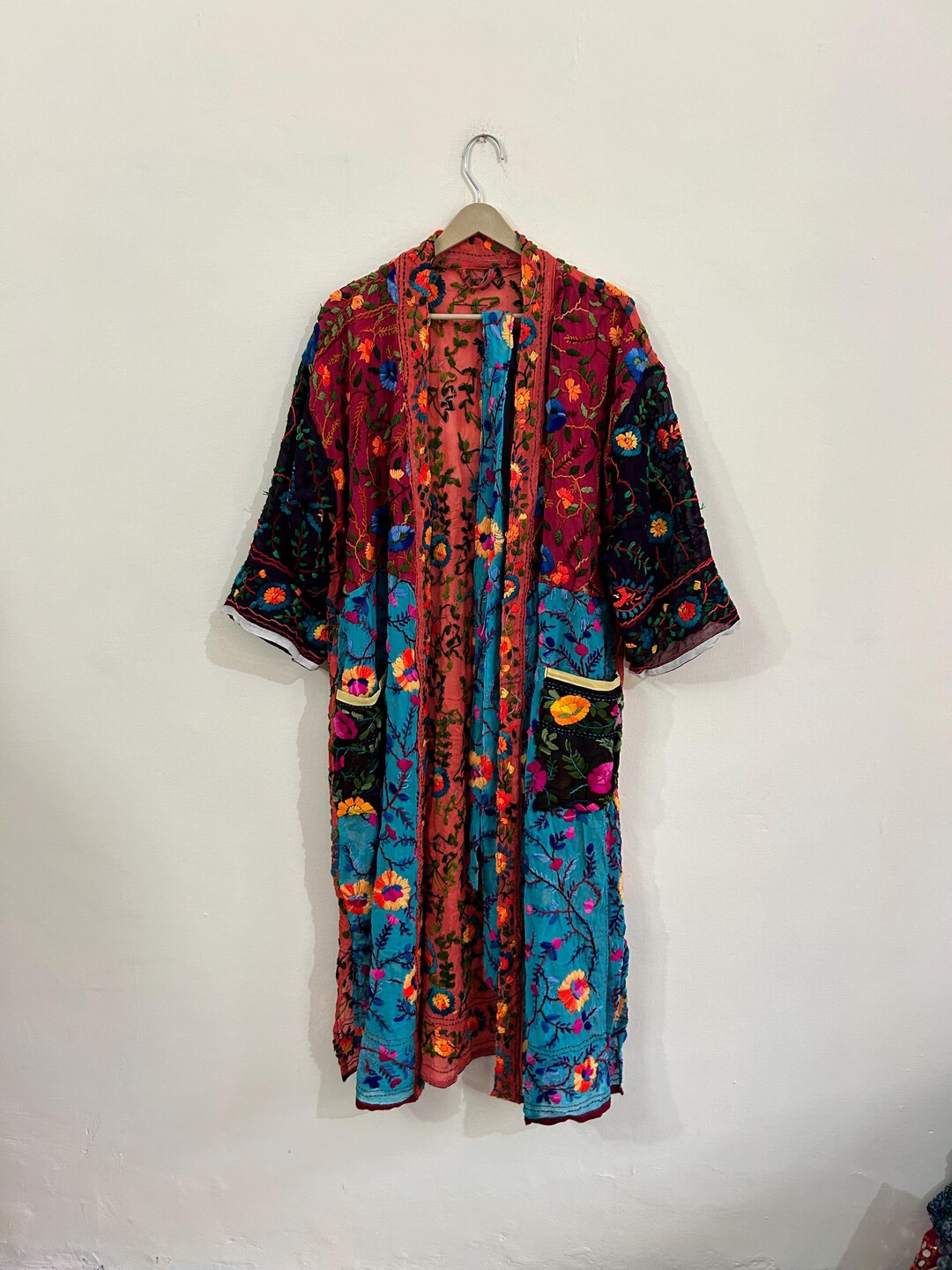 Indian Handmade Embroidered Phulkari Long Jacket Kimono , Bridesmaid ...