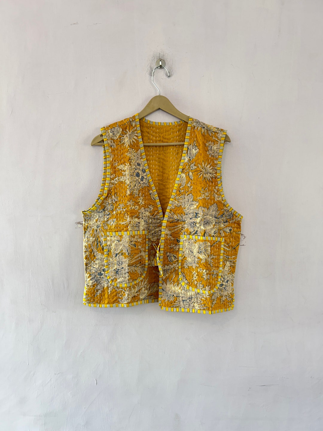 Handmade Block Print Kantha Waistcoat Jacket , Unisex Long Vest Gilets ...