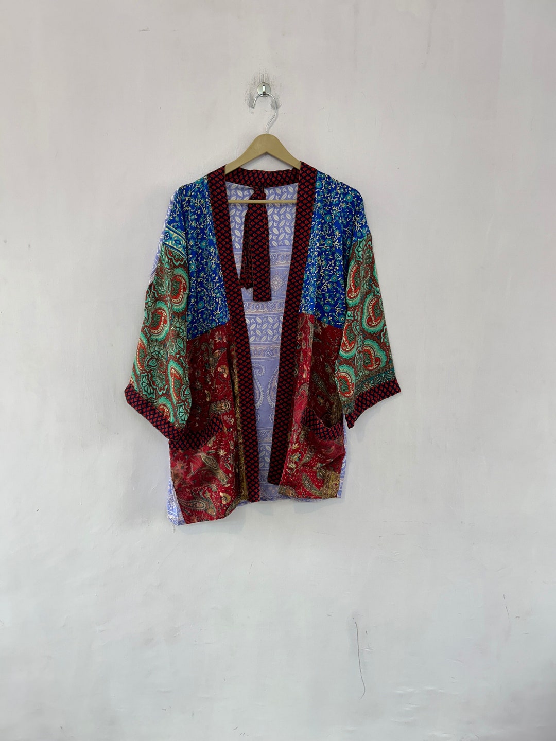 Handmade Vintage Sari Patchwork Silk Kimono Robe, Indian Silk Cover Up ...