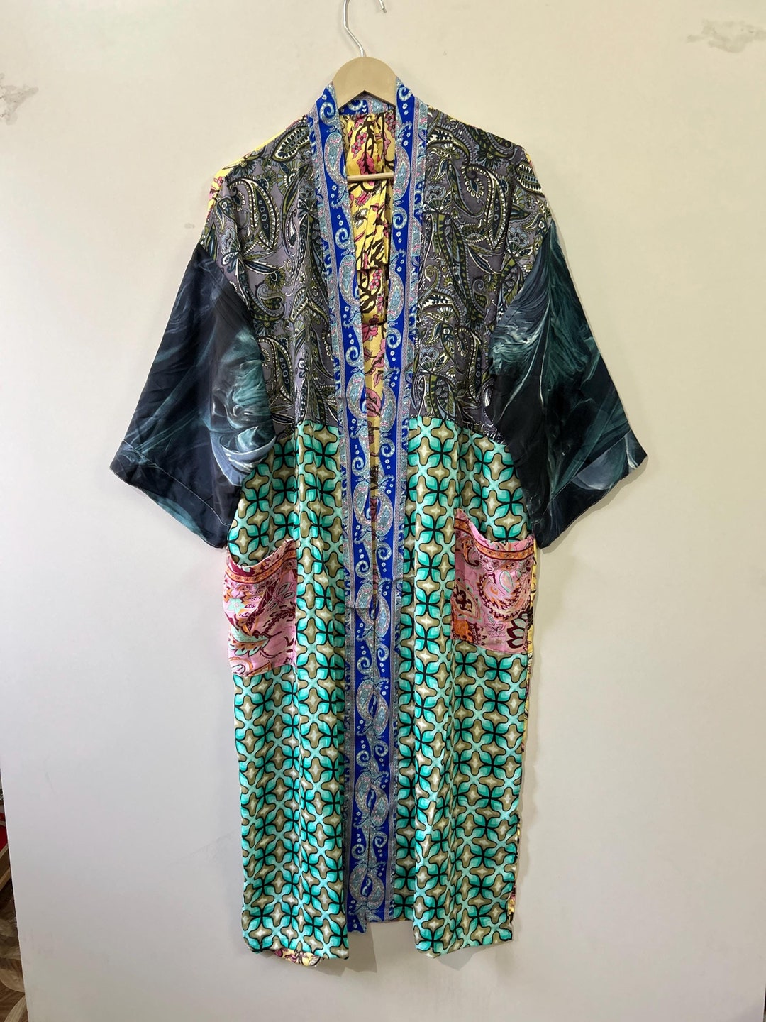 Traditional Indian Patchwork Silk Kimono Robe for Women, Duster Jacket ...