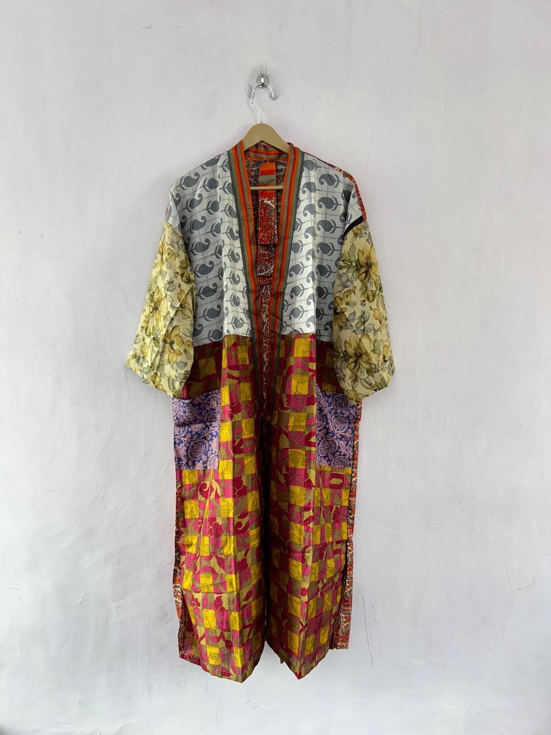 Traditional Indian Patchwork Silk Kimono Robe for Women, Duster Jacket ...