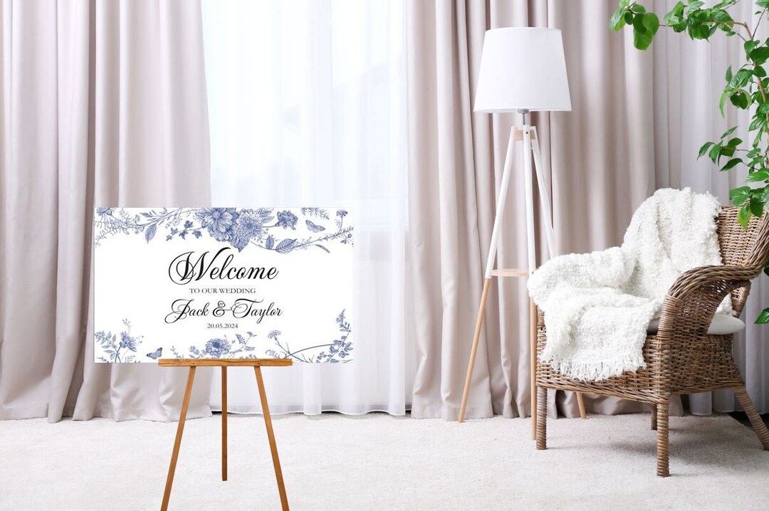 Welcome Sign With Blue Flowers on White Acrylic|wedding Sign|party Sign ...