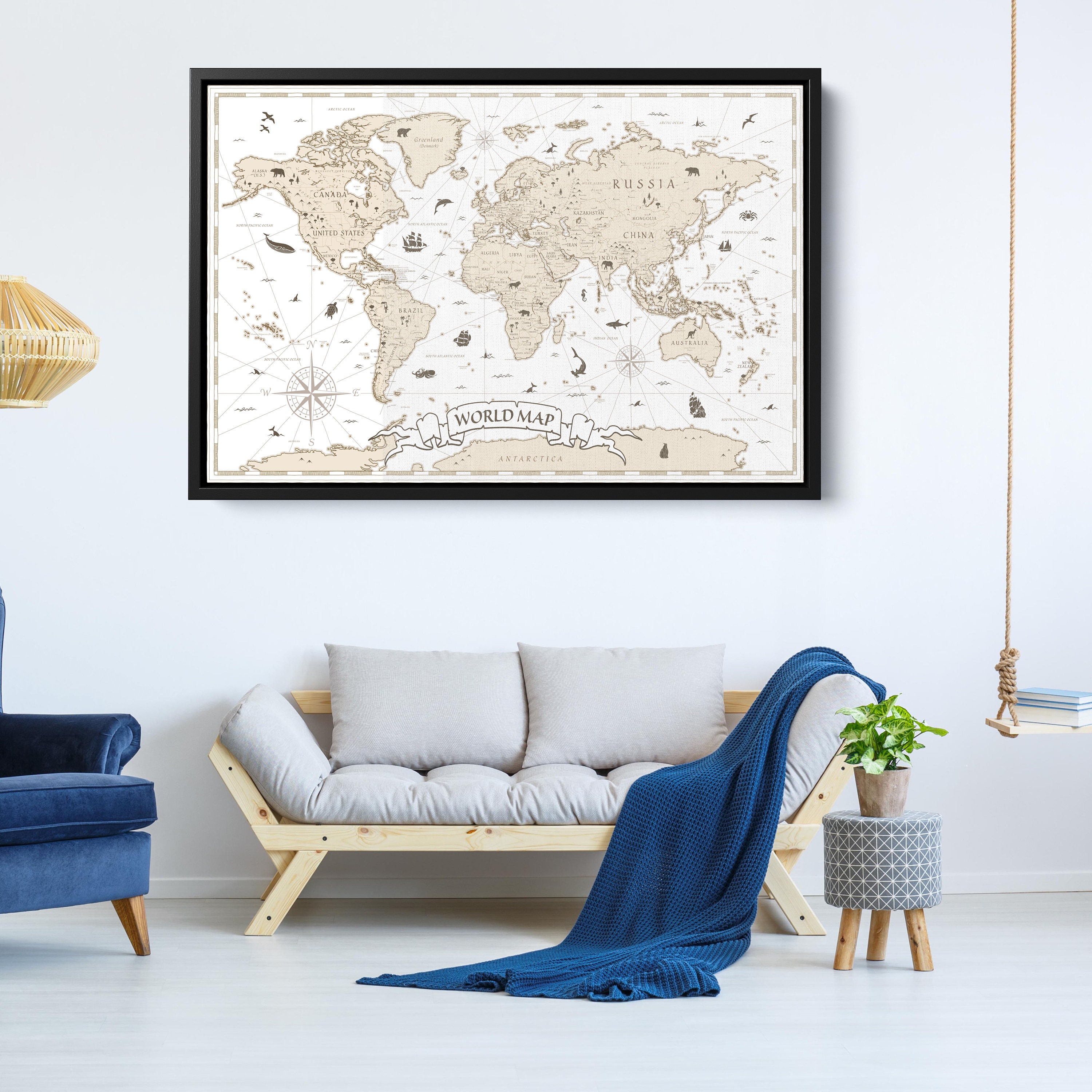 WORLD Map Canvas Wall Art Earth Map Framed Canvas Push Pin - Etsy
