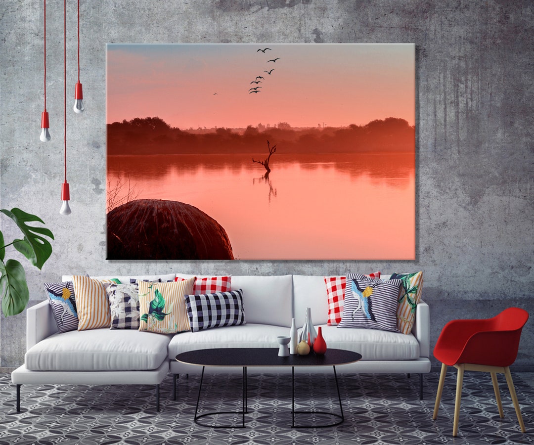 Pink Sunset Lake Canvas Art | Modern Nature Wall Decor - Etsy