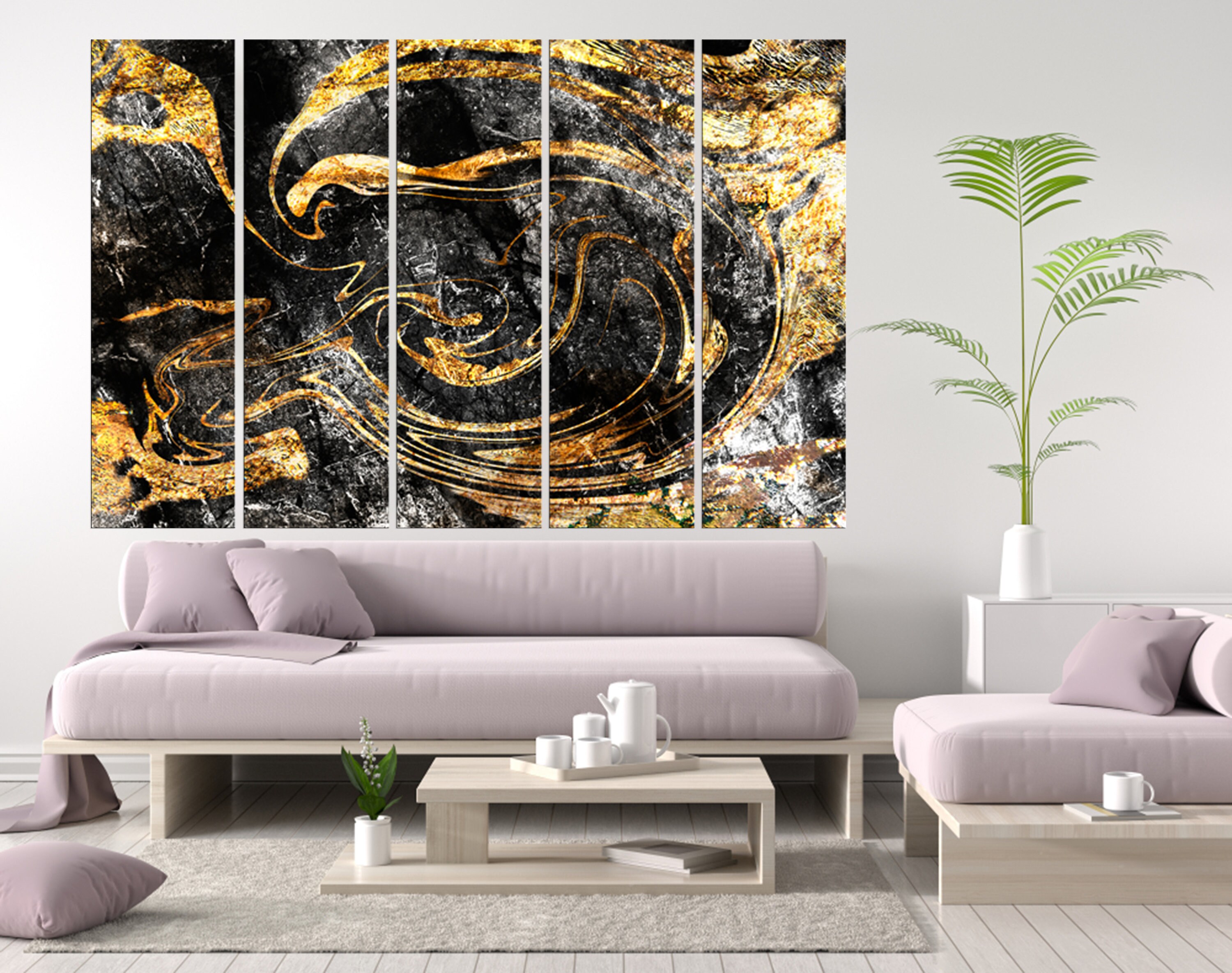Set of 5 Abstract Art Decor Modern Wall Art Black and gold | Etsy