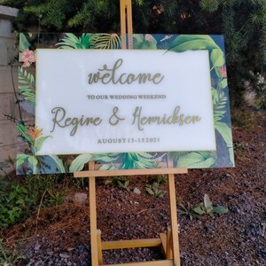 Tropical Floral Acrylic Wedding Welcome Sign, Modern Elegant Reception ...