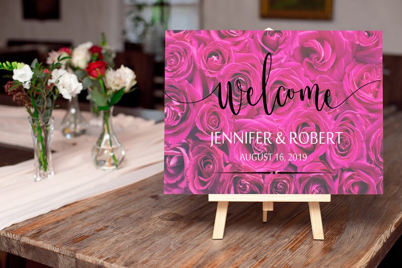 Pink Roses Wedding Welcome Sign Canvas Rustic Wedding Sign | Etsy