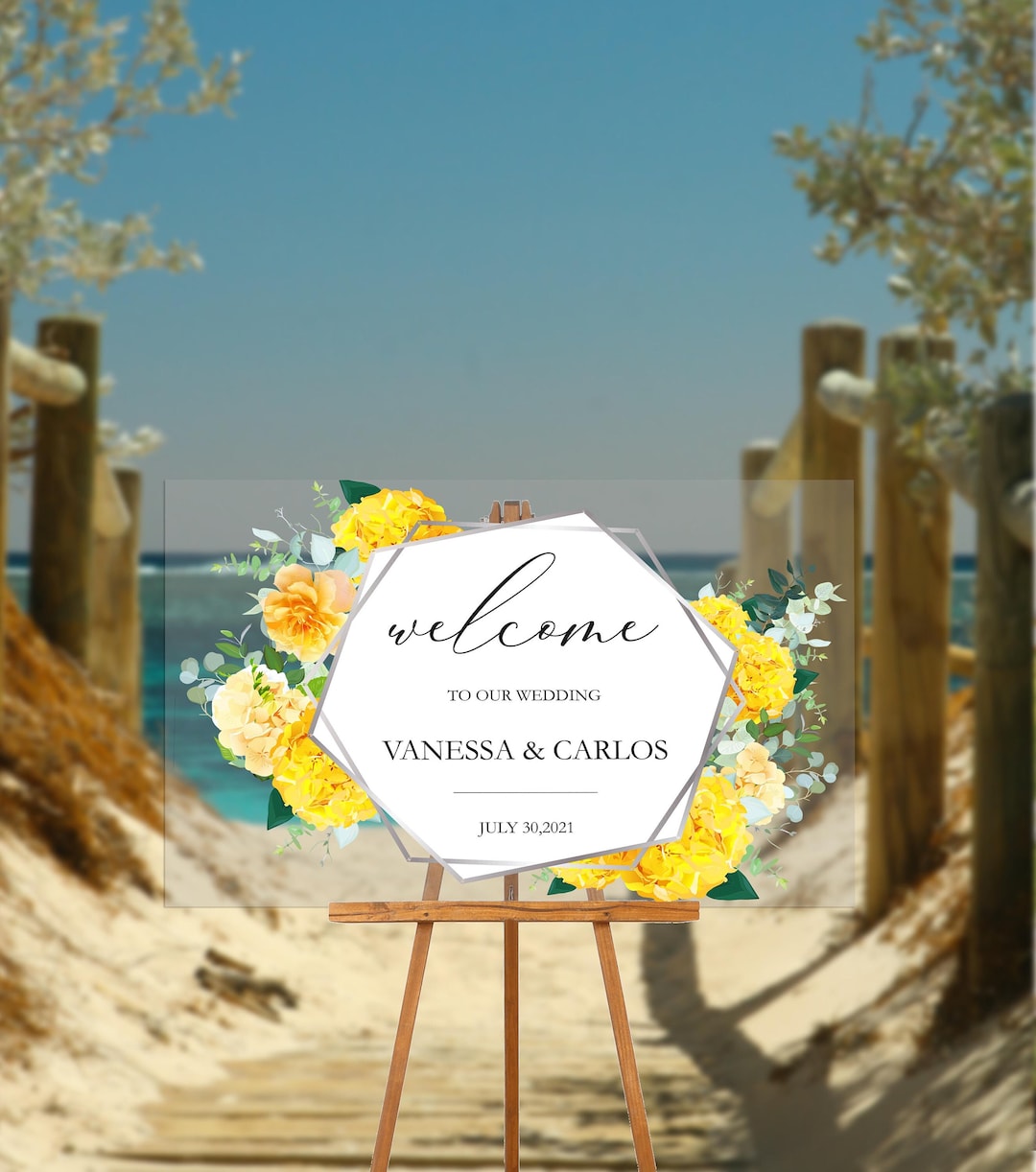 Yellow Floral Acrylic Wedding Sign | Clear Acrylic Wedding Sign ...