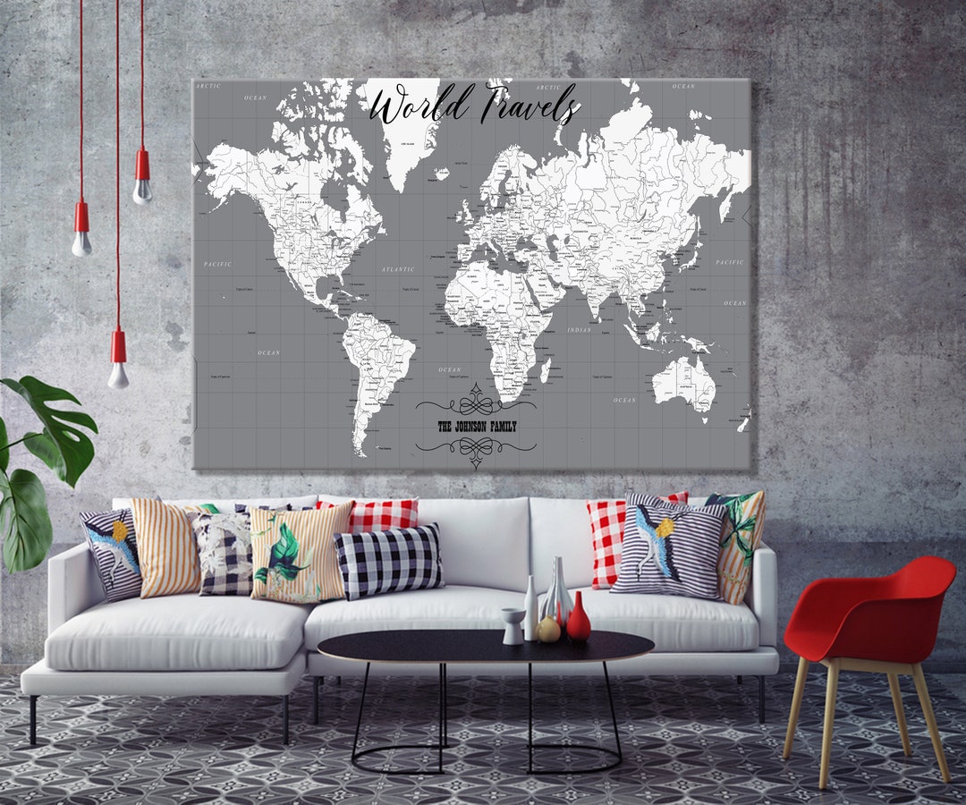 Push Pin Travel Map,world Map Canvas,gray Background World Map ...