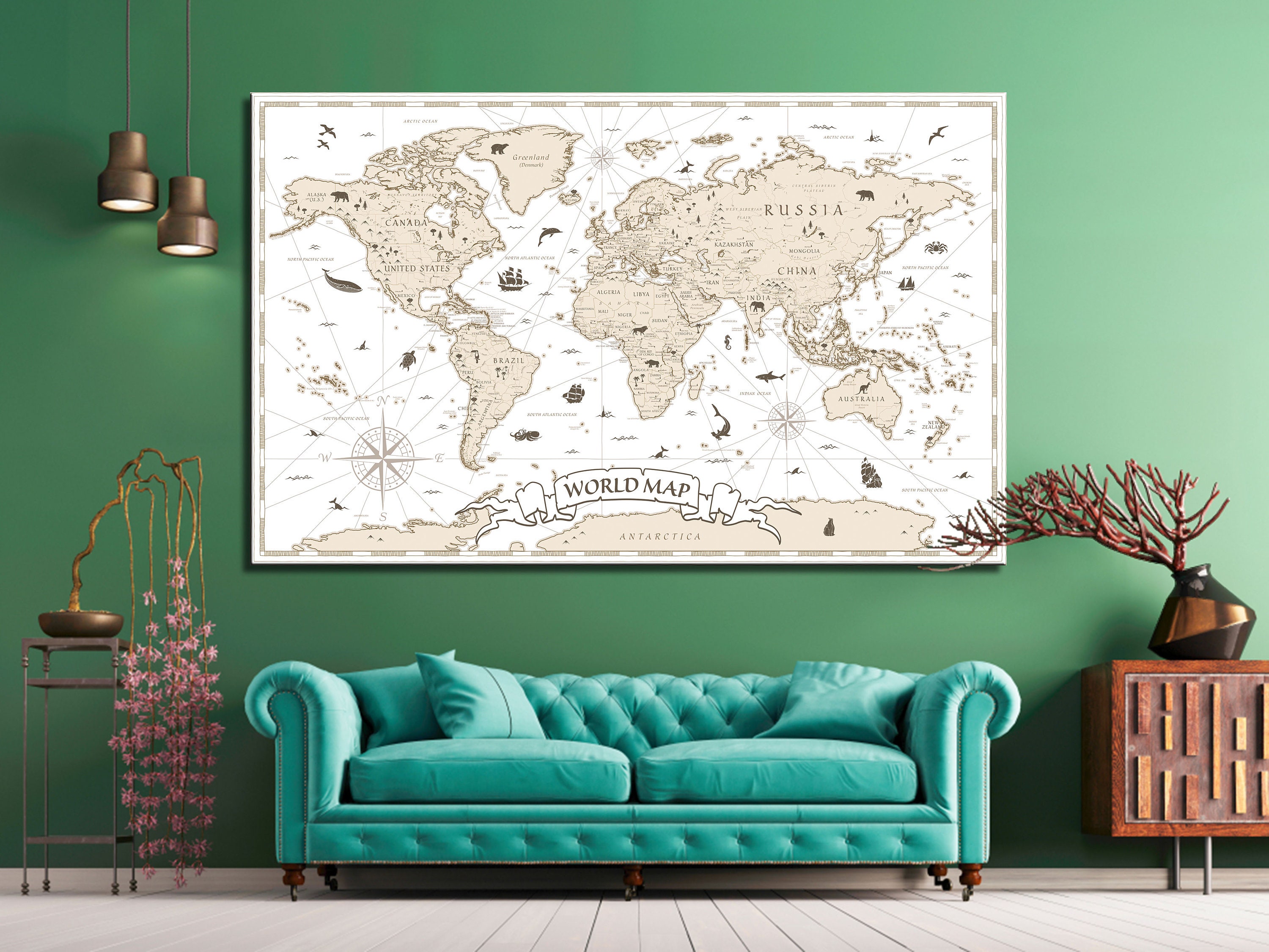 WORLD Map Canvas Wall Art Earth Map Framed Canvas Push Pin - Etsy