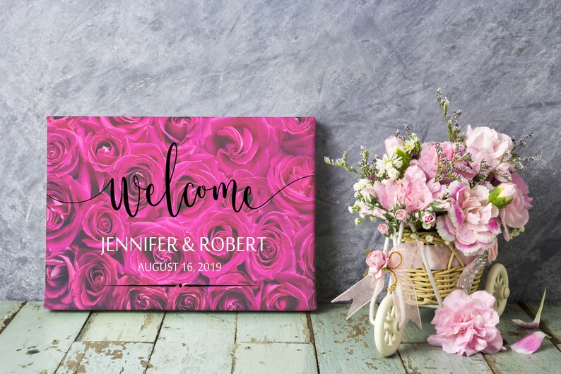 Pink Roses Wedding Welcome Sign Canvas Rustic Wedding Sign | Etsy