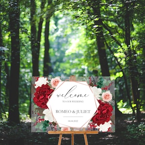 Red Flowers Acrylic Wedding Sign | Clear Acrylic Wedding Sign | White ...