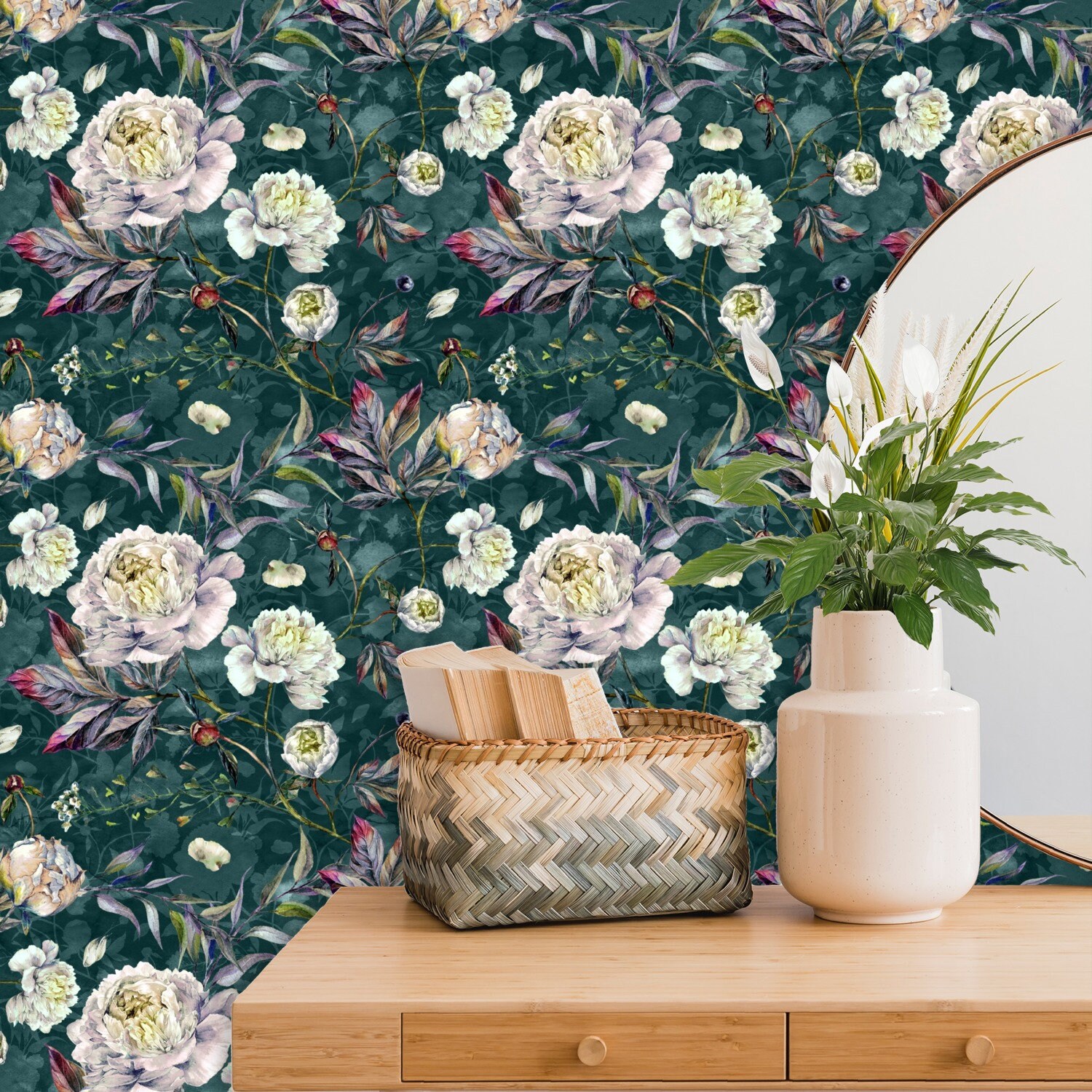 18-ft Wallpaper Roll Green Floral Wallpaper White Large - Etsy