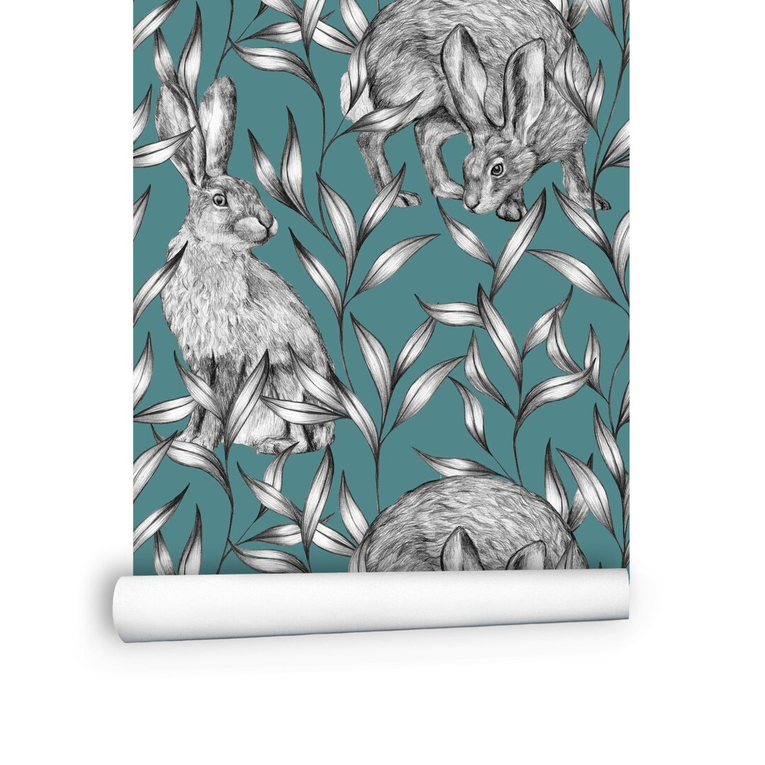 Botanical Wallpaper, Plant Wallpaper With Rabbit Animal Wallpaper Peel ...