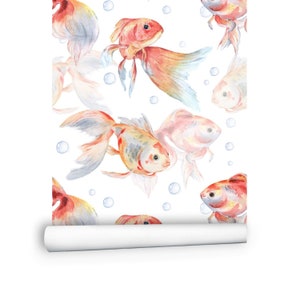 18-ft Wallpaper Roll | Gold Fish Wallpaper | Watercolor Peel and Stick ...