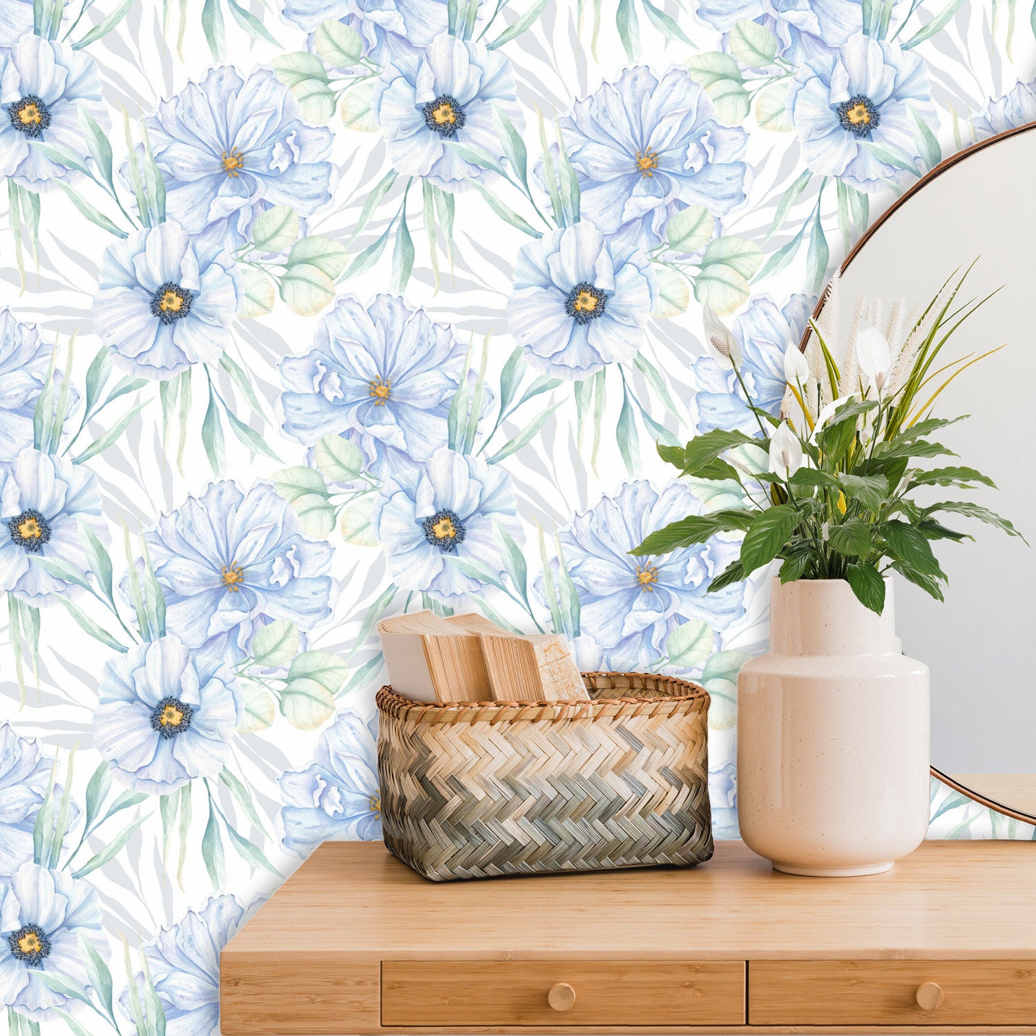 Blue Poppy Ditsy Floral Wallpaper Wildflowers Wallpaper Roll | Etsy