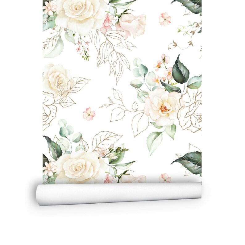 White Wallpaper Rose Wall Decor Botanical Wallpaper Nursery | Etsy