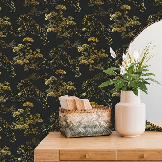Tiger Wallpaper Black and Gold Wallpaper Tree Wallpaper - Etsy