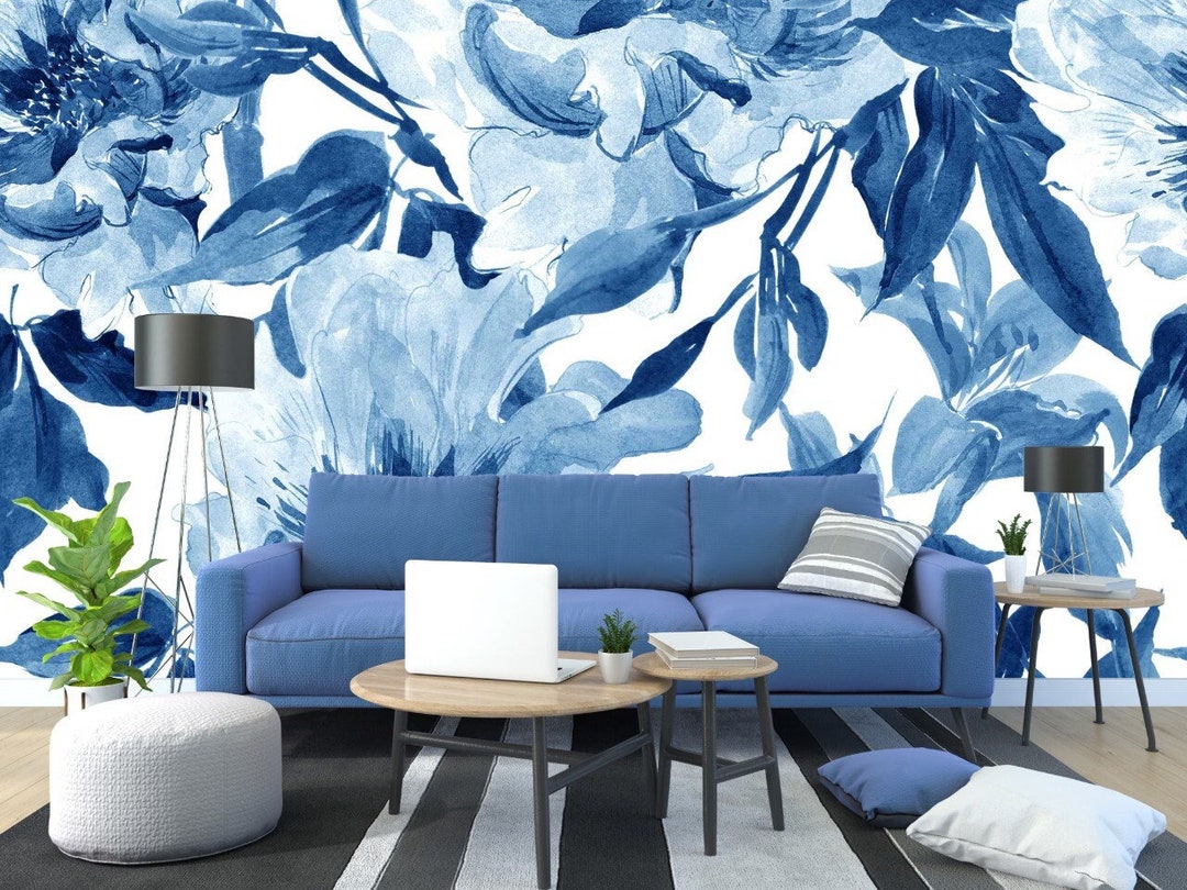 Flower Wallpaper, Blue Wallpaper Peel and Stick - Floral Adhesive ...