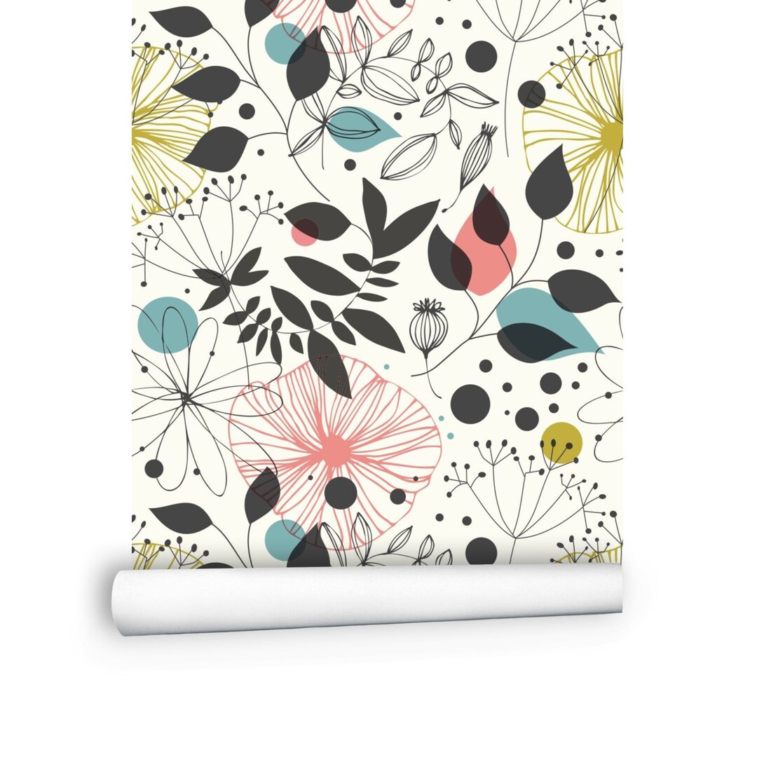 18-ft Wallpaper Roll | Abstract Flowers Wallpaper | Polka Dot Peel and ...