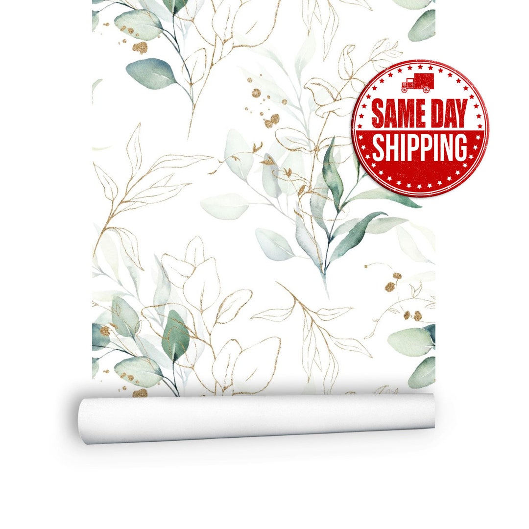 18-ft Wallpaper Roll | Green Gold Leaves Wallpaper | Eucalyptus ...
