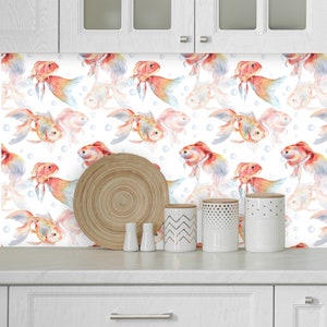 18-ft Wallpaper Roll | Gold Fish Wallpaper | Watercolor Peel and Stick ...