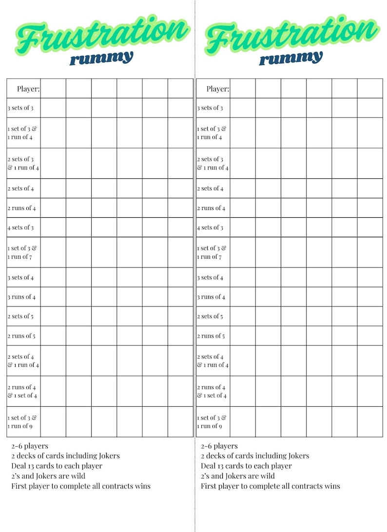 Printable Rummy Score Sheets | Frustration Rummy Cards | Gin Rummy ...