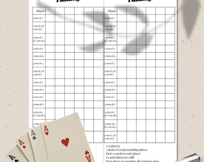 Rummy Game Score Sheets, Printable, Digital Download Chart, Gam006 ...