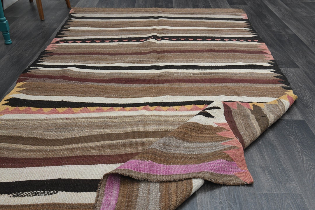5x9 Brown White TURKISH Flatweave Kilim, Handmade Vintage Rug, 5x9 Area ...