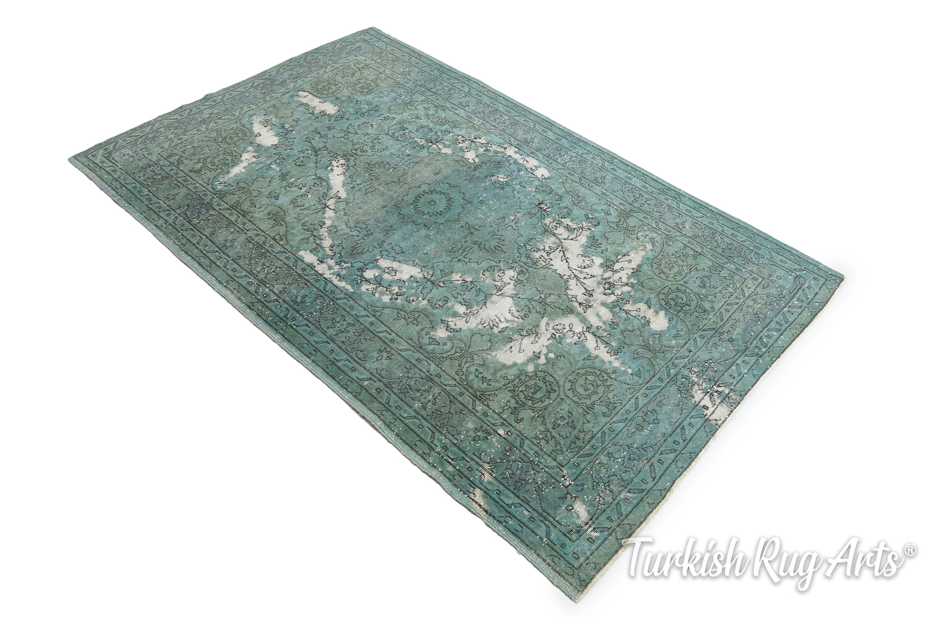 5.5x8.9 ft Turquoise GREEN TURKISH Vintage Rug Distressed | Etsy