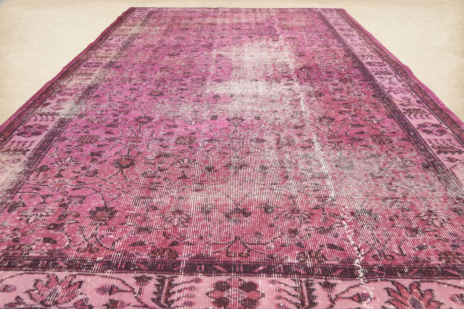 5.5x8.7 Ft, VINTAGE PINK Area Rug, Handmade Wool Rug, Floral Rug, Boho ...